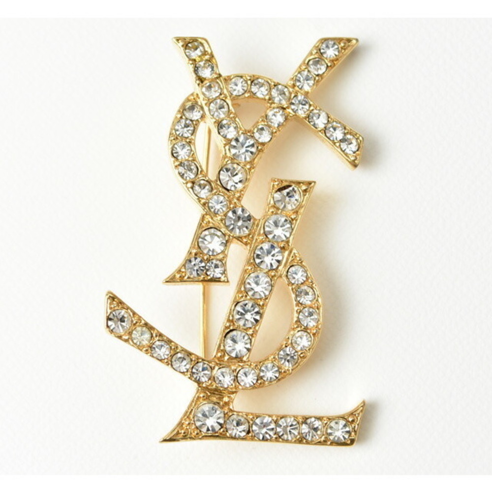 Saint Laurent Brooch Monogram Ysl Logo Rhinestone Gold - Gem